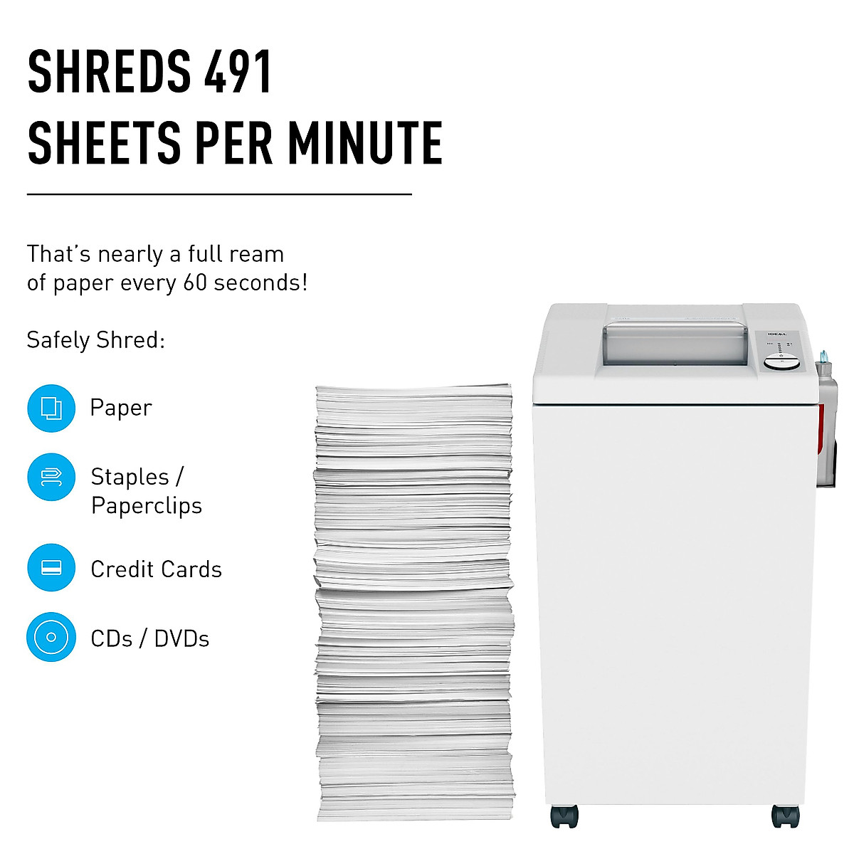 ideal. 2604 Cross-Cut Centralized Office Shredder with Automatic Oiler, Continuous Operation, 23 to 25 Sheet Feed Capacity, 26 gal Bin, Shred Staples/Paper Clips/Credit Cards/CDs/DVDs, P-4 Security
