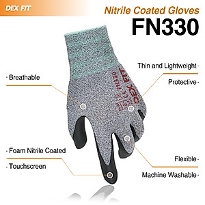 DEX FIT Nitrile Coated Work Gloves FN330-3D-Comfort Stretchy Fit, Firm Grip, Thin & Lightweight, Touchscreen Fingers, Protective & Durable, Breathable, Machine Washable; Grey M (8) 12 Pairs