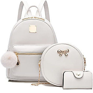 BESYIGA Girls Fashion Backpack 3-Pieces Leather Mini Backpack Purse for Women Satchel School Bags with Pompom Casual Travel Daypacks White