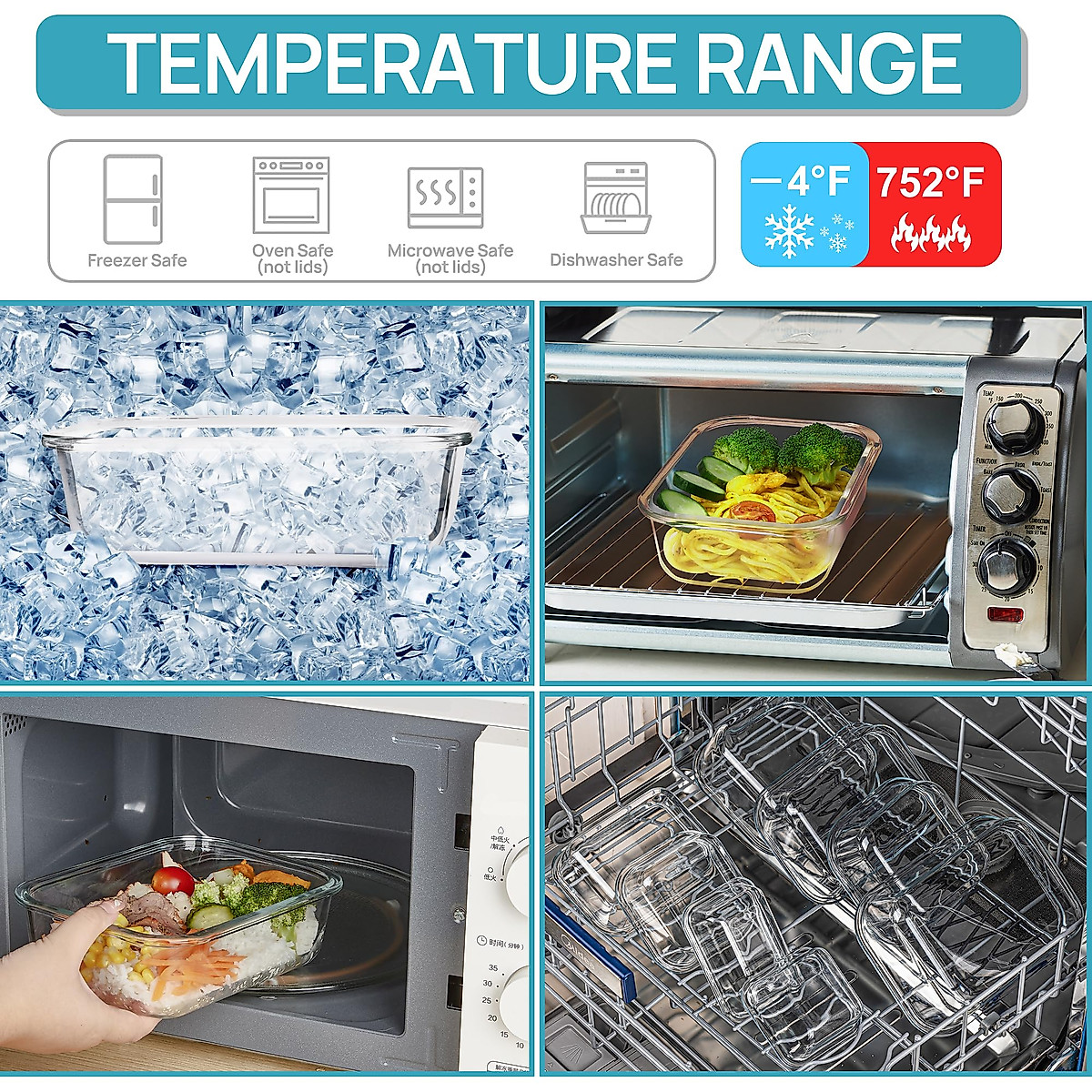 Vtopmart 5 Pack 35oz Glass Food Storage Containers with Lids, Meal Prep Containers, Airtight Reusable Lunch Container Set, Safe for Oven, Microwave, Freezer, and Dishwasher