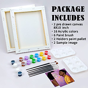 Couples Paint Party Kits Pre Drawn Canvas for Adults for Paint and Sip Date Night Games for Couples Painting kit 8x10 African American Girl Boy (2 Pack) Valentine