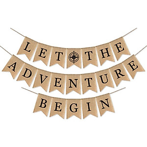 SWYOUN Burlap Let the Adventure Begin Banner Adventure Awaits Travel Themed Party Supplies Baby Shower Graduation Retirement Party Mantle Fireplace Decoration