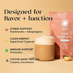 Clevr Blends Chai Tea Latte, Oat Milk Instant Latte Mix, Powder Latte Black Tea Organic Spices, Coconut Milk Superfood Creamer, SuperLatte with Adaptogens, Reishi Mushrooms, Lions Mane and Probiotics