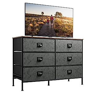 WLIVE Wide Dresser with 6 Drawers, Industrial TV Stand for 50" TV, Entertainment Center with Metal Frame, Wooden Top, Fabric Storage Dresser for Bedroom, Hallway, Entryway, Black