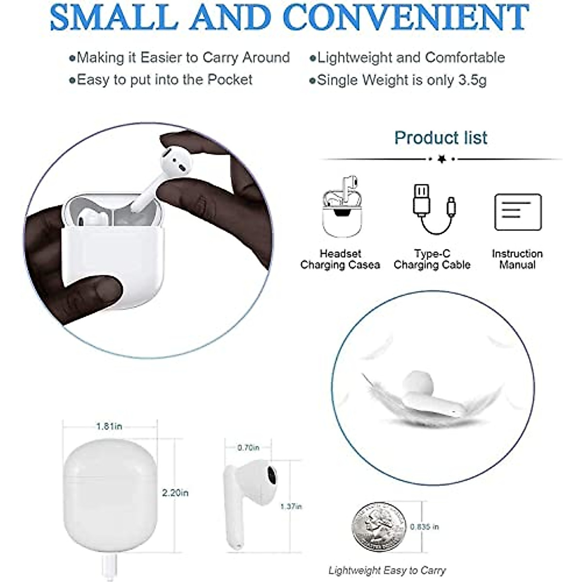 Wireless Earbud Bluetooth 5.0 Headphones Noise Cancelling Air Buds Pods 3D Stereo Ear pods in-Ear Ear Buds with Deep Bass Earphones Sport Headsets for airpod Android/Samsung/Apple iPhone