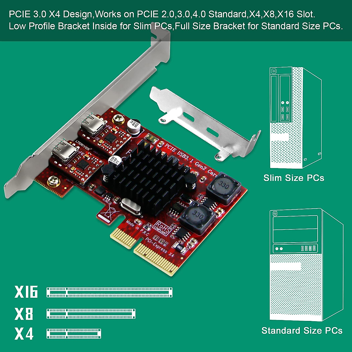 PCI Express to 2X USB 3.1 GEN2 Type C 10Gbps Ports Card for Windows 7, 8.1, 10, 11 (32/64) and MAC OS 10.9,10.10,10.12,10.13,10.14,10.15 PCs, Built in Smart Power Control Technology (PCE-U312C)