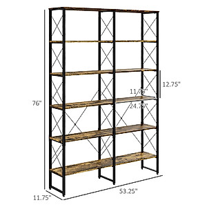 HOMCOM Bookshelf, Tall Industrial Bookcase with 6 Shelves, 5-Tier Storage Rack with Steel Frame, 53.25" Wide Display Rack, X-bar for Living Room, Home Office, Rustic Brown