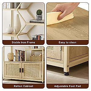 WAQINBR Rattan Book Shelf with Storage Rack, Bookcase Shelf with Doors, 6 Shelf Bookcase; Display Shelves for Living Room Home Office, Featured Natural Large Space Book Case