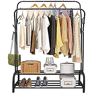 RELIANCER Heavy Duty Deluxe Double-Rail Garment Rack w/ 2 Tier Shoe Shelves 140lb Capacity Large Clothes Hanging Rack Commercial Clothing Organizer Indoor Bedroom Store Coat Hanger Holder