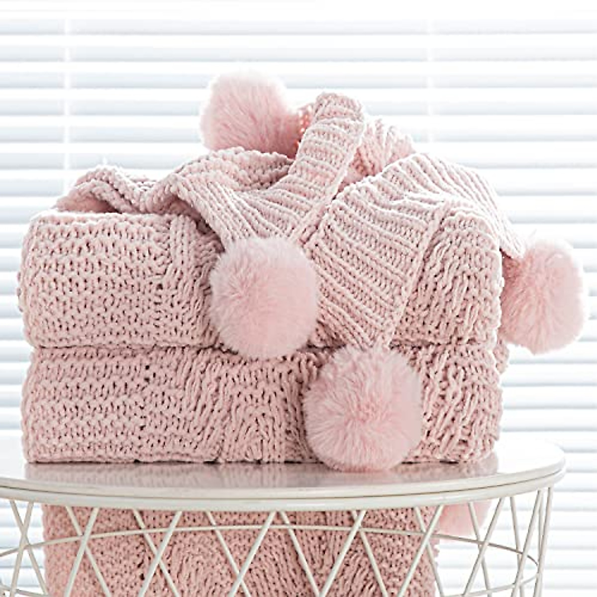 Chunky Knit Blanket with pom poms- Thick, Soft, Big, Cozy Throw Blankets for Couch, Bed, Sofa, Chair-50×60 Inches,Pink