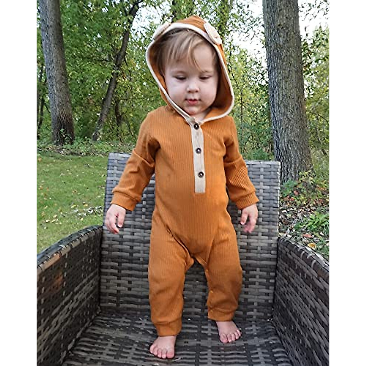 DISAUR Baby Girl Boy Clothes Newborn Outfit,Infant Baby Romper Cute Bear Ear Hooded Cotton Jumpsuit Long Sleeve Bodysuit 0-3M Brown
