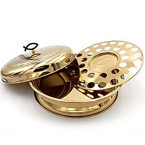 Communion Tray | Stackable | Base, Disk with Bread Plate Integrated and Cover | Stainless Steel | Brass Tone | Capacity for 33 Cups