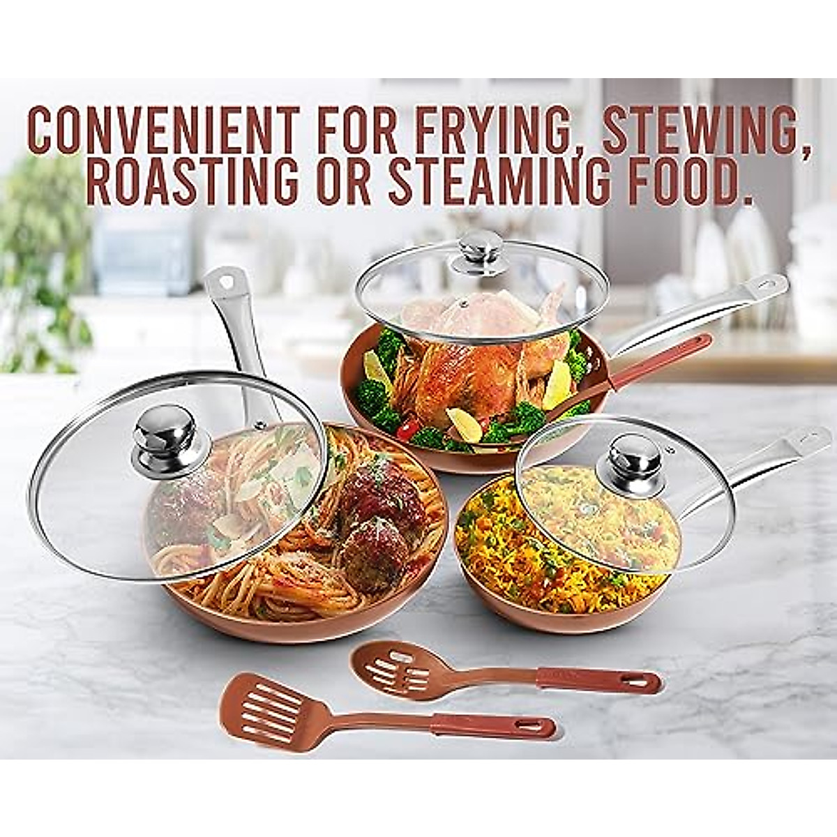 Razab Copper Frying Pan Set with Lids, 8", 9.5" & 11" Frying Pan Set, Nonstick Frying Pan Set, Copper Pans with Lid, Nonstick Skillets w/Lids 8", 9.5" & 11" Copper Pan Set