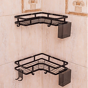 Generic Corner Shower Caddy, 2 Pack Adhesive Shower Corner Organizer Shelves, No Drilling Stainless Steel Shower Storage Rack with Hooks&Toothpaste Holder for Bathroom, Dorm and Kitchen, Black