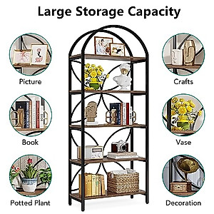 Tribesigns 5-Tier Open Bookshelf, 75 Inch Tall Arched Bookcase Shelf Storage Organizer, Industrial Book Rack with Metal Frame, Standing Display Rack for Bedroom, Living Room, Home Office, Brown