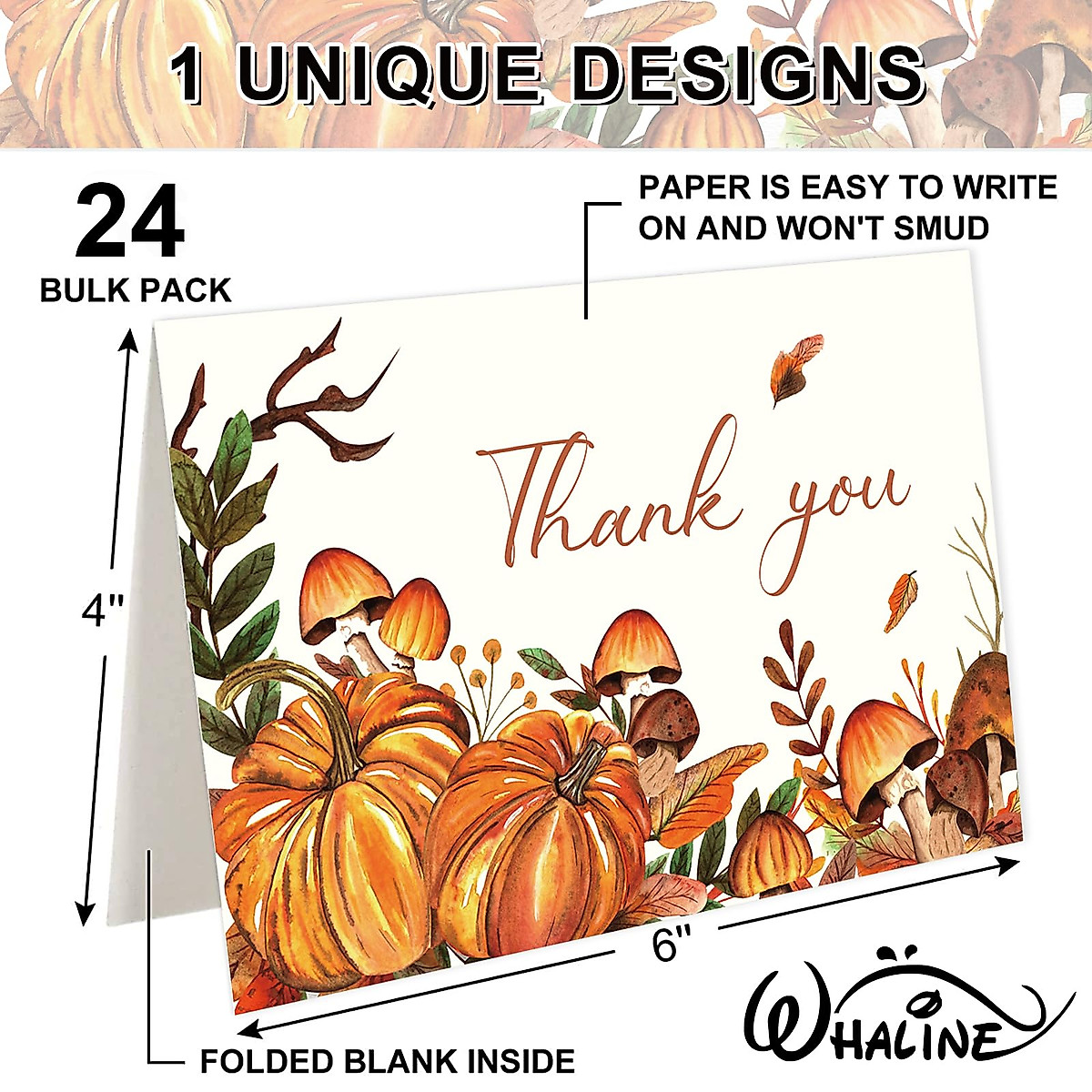 Whaline 24 Pack Fall Thank You Cards Autumn Mushroom Pumpkin Leaves Greeting Cards with Envelopes Stickers Vintage Blank Note Cards for Thanksgiving Harvest, 4 x 6 Inch