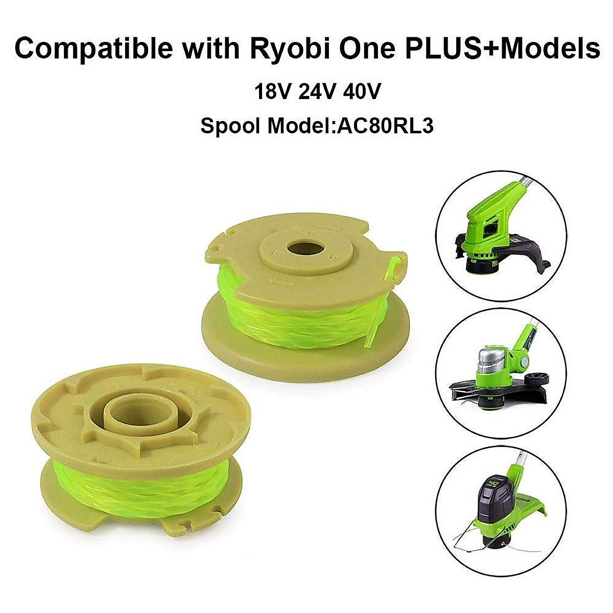 YWNYT 11ft 0.080" Replacement Trimmer Spool for Ryobi One Plus AC80RL3 18V 24V and 40V, Autofeed Cordless Weed Eater Spools String Line with Cap (12 Spool + 2 Cap)