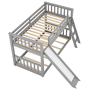 Harper & Bright Designs Low Bunk Bed for Kids, Solid Wood Twin Over Twin Floor Bunk Bed with Slide and Angle Ladders, Twin Bunk Bed for Kids Toddlers Teens (New, Gray)