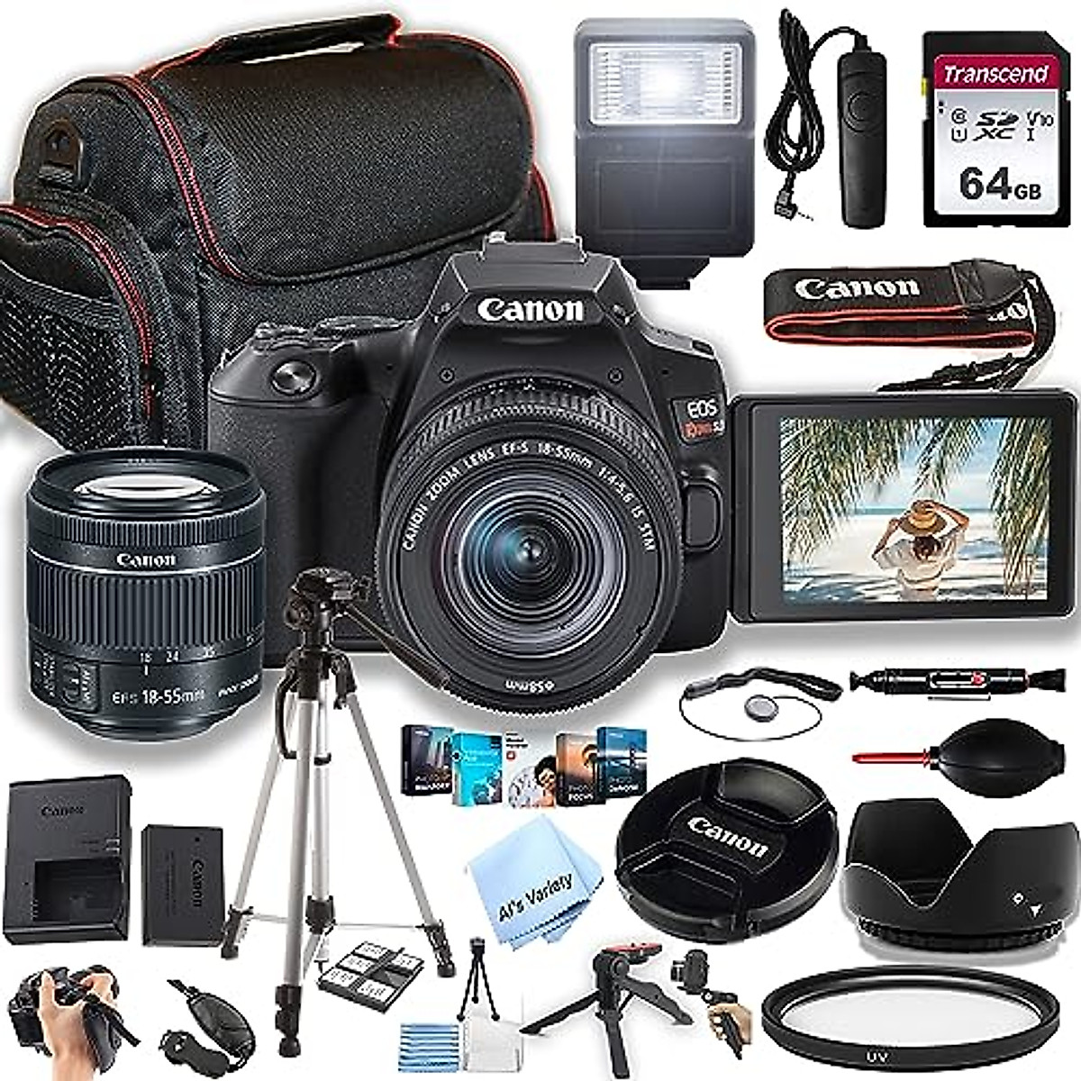 Canon EOS Rebel SL3 DSLR Camera w/EF-S 18-55mm F/4-5.6 STM Zoom Lens + 64GB Memory, Case, Tripod, Flash, Remote, and More (32pc Bundle)