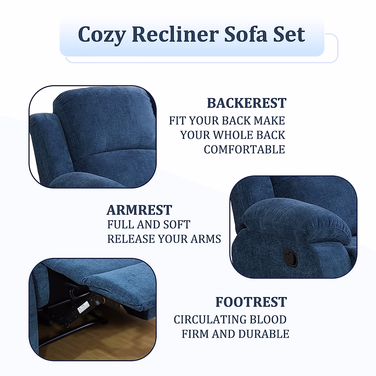 Plithzy Recliner Sofa Set Living Room Furniture, Microfiber Fabric Reclining Sofa Set, Recliner Couch Set with Cup Holders for Office Home (3 Piece Living Room Furniture Set, Blue)