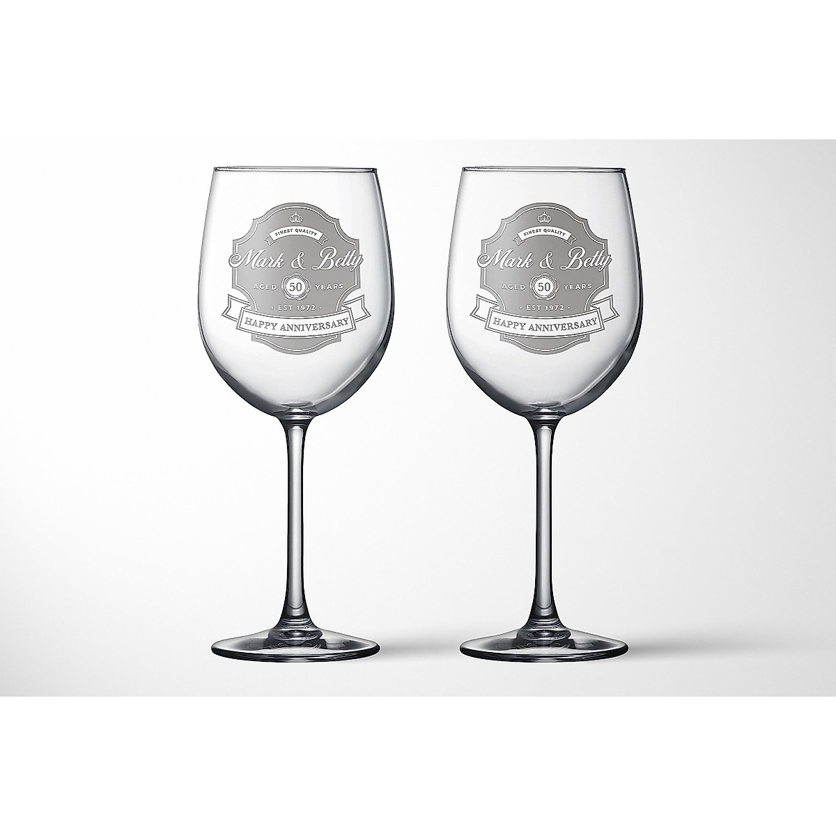 Alterd Industries Personalized Engraved Wedding Anniversary Wine Glasses Gift Box Set - 50th Anniversary Wine Glasses for Couples | Vintage Anniversary Gift (Stemmed Wine Glasses)