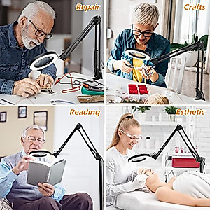 8X Magnifying Glass with Light and Stand, Krstlv 4-in-1 LED 5 Color Modes Stepless Dimmable Magnifying Floor Lamp, Adjustable Swing Arm Lighted Magnifier Lamp with Clamp for Close work, Craft, Reading
