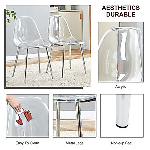 Deolme Modern Dining Table Set, Round Glass Table and 4 Clear Acrylic Chairs, Sturdy Chrome Legs, Easy to Clean, for Kitchen and Living Room