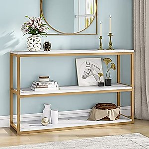 Tribesigns 3-Tier Console Table, Gold Sofa Entry Table with Faux Marble Top and Metal Frame for Home, Entryway, Hallway