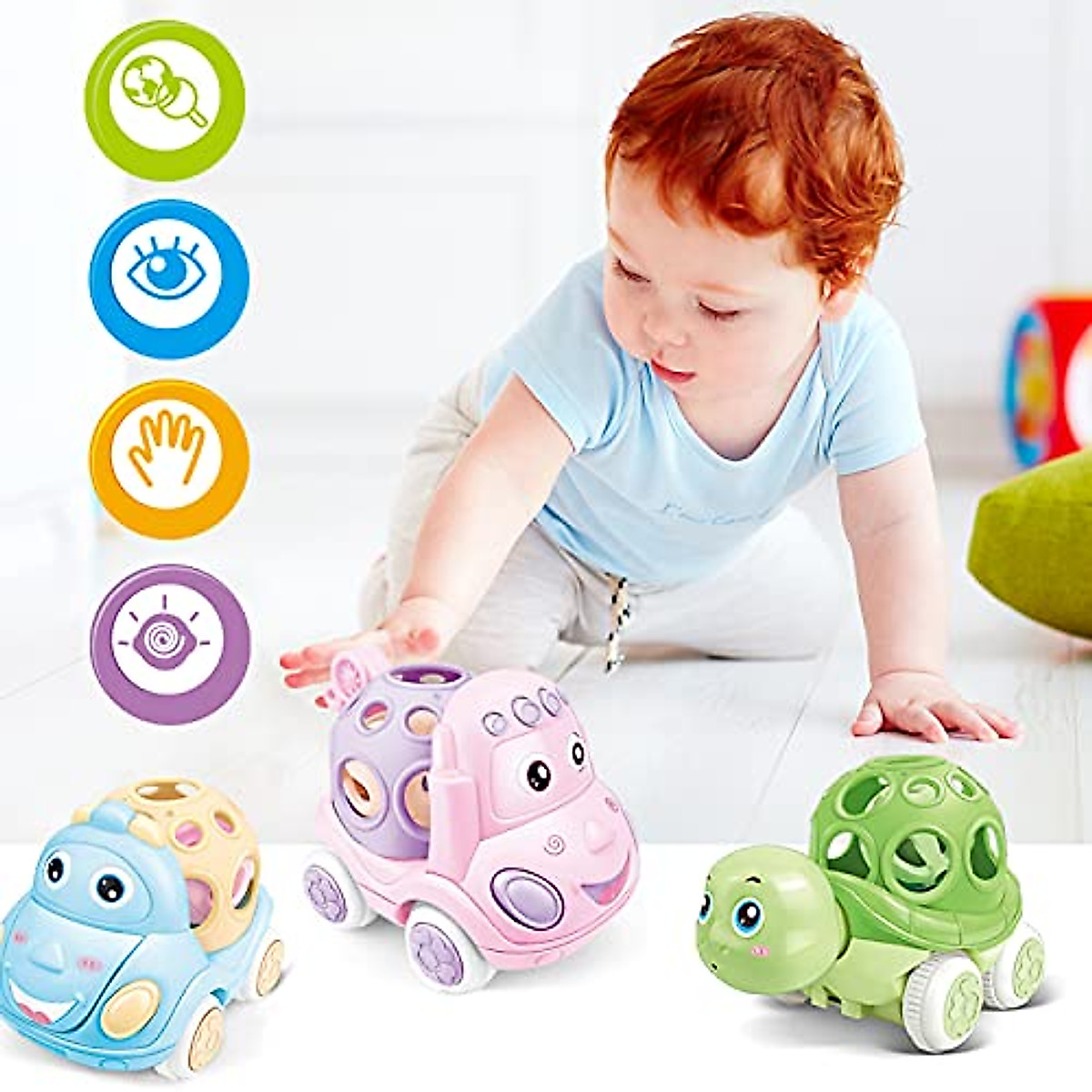 Tepear Baby Girl Rattle Roll Car Push Vehicles Soft Rubber Toy 6 12 Months Infant Boys Walker Toddler, 3pcs Fiction Power Truck Learning Gift for 1 2 3 Year Old Kid