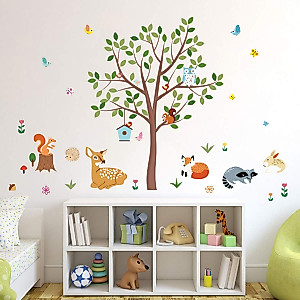 decalmile Forest Animals Tree Wall Decals Deer Squirrel Owl Wall Stickers Baby Nursery Kids Bedroom Playroom Wall Decor(Tree H: 31"))