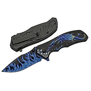 SZCO Supplies 8” Blue Dragon Decaled Liner Lock Folding Knife with Pocket Clip
