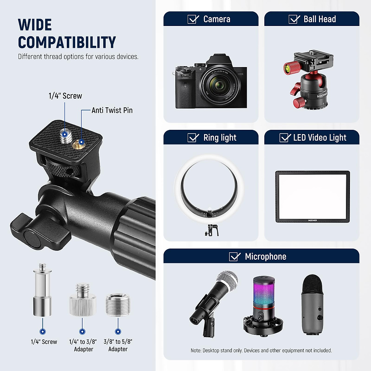 NEEWER Overhead Camera Desk Mount Rig Stand with 2 Boom Arms for Photography Devices: Video Light Ring Light Phone Mount Webcam Mic Compact DSLR for Home Office Studio Live Streaming Broadcast, ST008