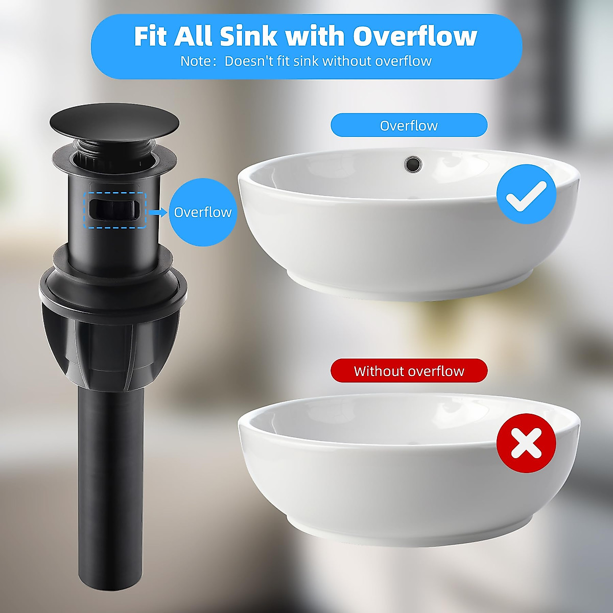 Hibbent 2 Pack Push and Seal Pop Up Drain Stopper with Overflow for Bathroom Sink Faucet Vessel Vanity, Matte Black