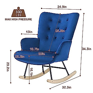 K Knowbody Rocking Chair Nursery, Boho Nursery Glider Rocker Modern Accent Chair for Bedroom, Living Room, Tufted Upholstered Armchair with Linen Fabric, Nursing Chairs for Mom and Baby, Blue