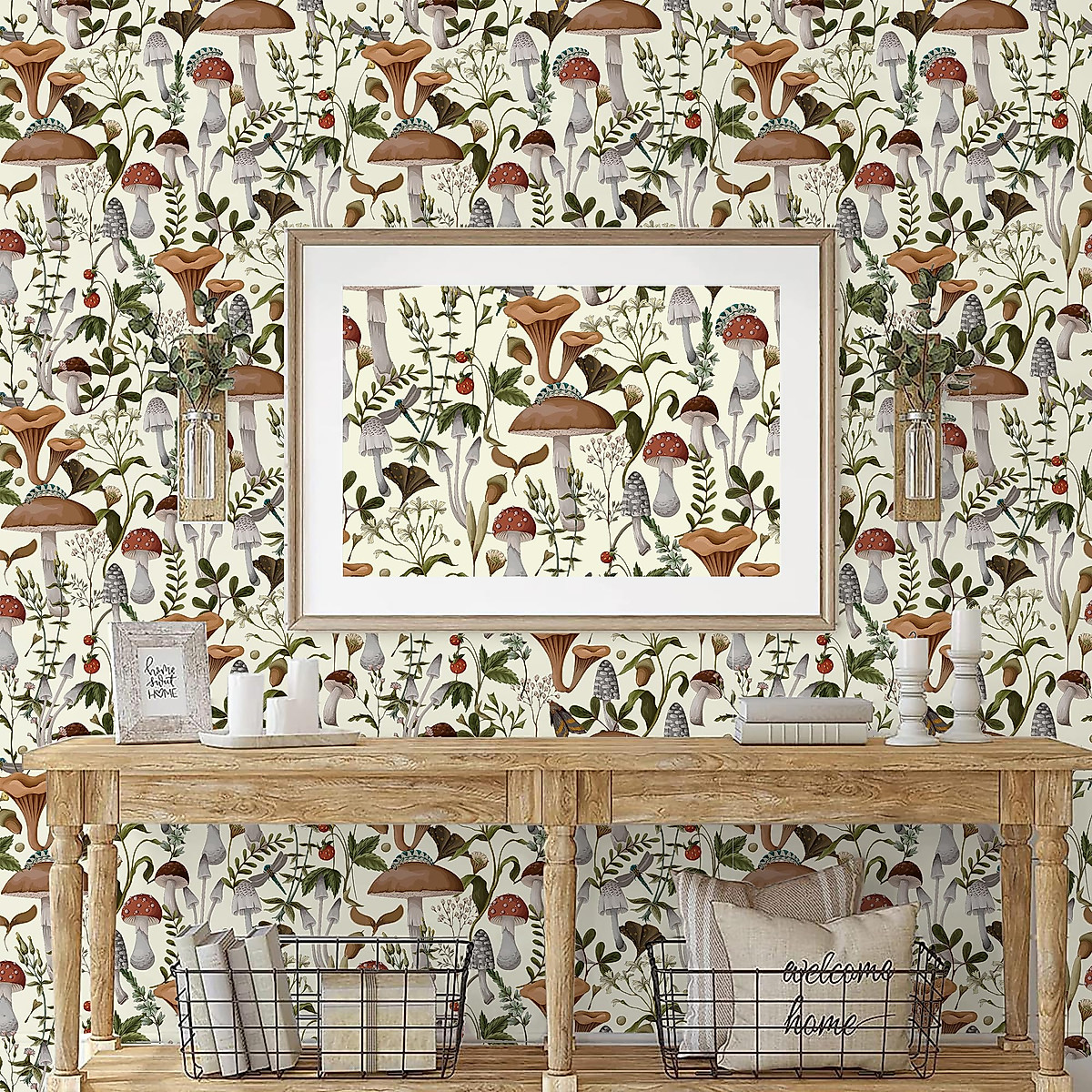 HAOKHOME Boho Peel and Stick Wallpaper Mushroom Forest Removable Stick on Contact Paper for Kitchen Bathroom Beige/Brown/Green 17.7in x 9.8ft