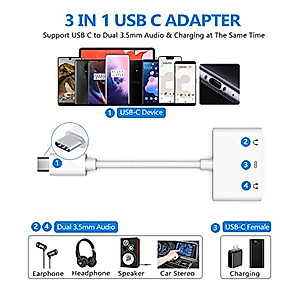 USB C to 3.5mm Audio Adapter, Aux Headphone Jack Splitter with Fast Charging Port, Type-C to Dual Earphone Converter, Compatible for Samsung, iPad Pro, Google Pixel, HTC, Huawei etc (3 in 1)