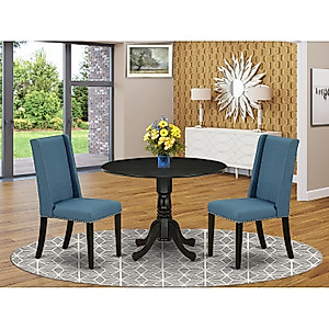 East West Furniture DLFL3-ABK-21 3 Piece Dining Room Table Set Contains a Round Kitchen Table with Dropleaf and 2 Blue Linen Fabric Parsons Dining Chairs, 42x42 Inch, Wirebrushed Black