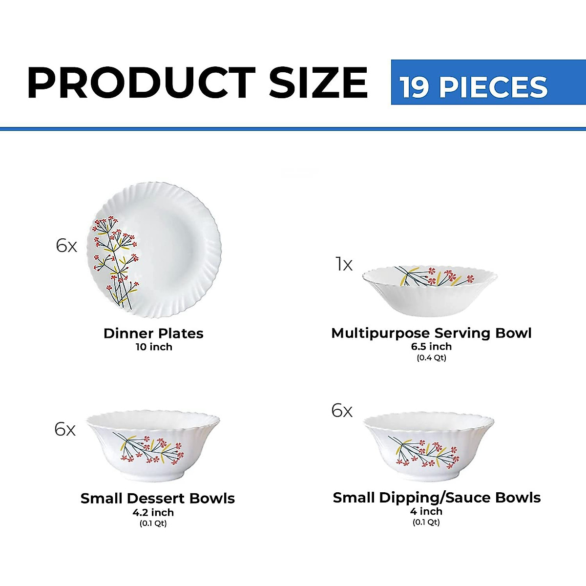 Borosil Gourmet Dinnerware Set For 6, 19 Pieces, White Dinner Plates and Bowls Sets, Chip Resistant Tempered Opal Glass, Stain Resistant, Dishwasher & Microwave Safe Dinner Set For Gifting, Serves 6