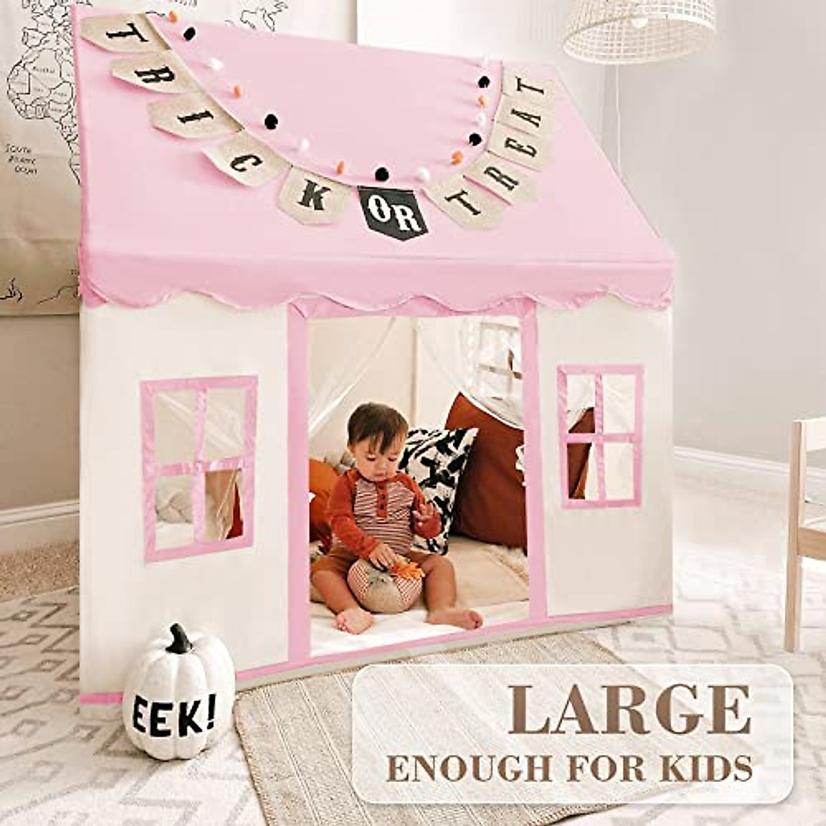 Large Kids Play Tent with Windows, Tassels, Star Light & Padded Mat Kids Tent Playhouse for Kids Indoor & Outdoor Bed Tent for Toddler Toys for Boys Girls Neutral Play Room Furniture, Pink