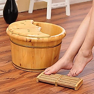 QUANMAKJ Wooden Foot Basin,Solid Wood Foot Tub, Pedicure Bowl Spa Massage Cedar Pedicure Barrels Household Foot Bath Barrel，with lid with Massager…