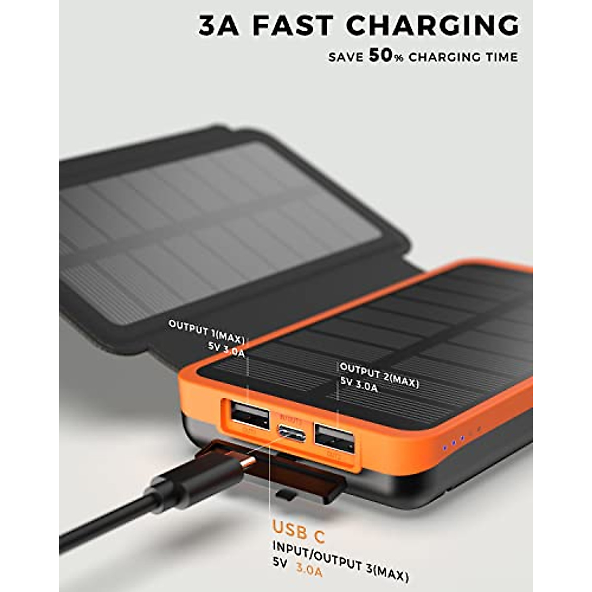 Solar Charger 26800mAh Power Bank, FEELLE 3 Outputs USB-C Portable Charger with 4 Foldable Solar Panels External Battery Pack for Cell Phone iPhone Camping Outdoor