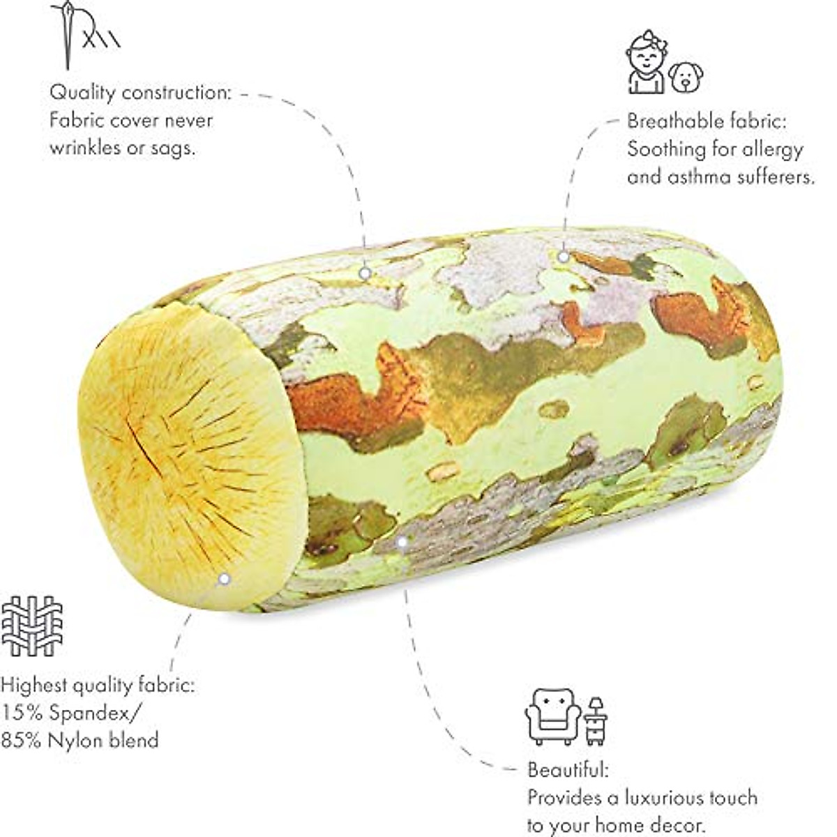 PILLOWY Microbead Log Roll Pillow - Bolster Tube Pillow Cushion Perfect Therapy Pillow - Airy Squishy Soft Bead Bag Bed Room Decoration, Neck Pillow Back Head Body Support, 14" X 8", Forest