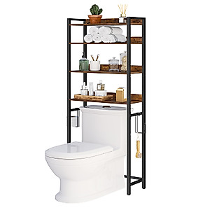 MAHANCRIS Over The Toilet Storage Rack, 4 Tier Bathroom Organizer Over Toilet, Freestanding Space Saver Toilet Stand with 2 Hooks, Bathroom Storage Shelf, Easy to Assemble, Rustic Brown TSHR0401Z