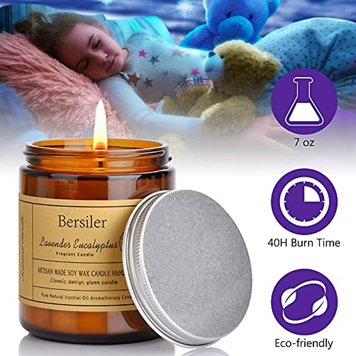 Bersiler 7 OZ Lavender Eucalyptus Candles for Home Scented Brown and Black Jar Stress Relief and Relax for Home & Bedroom Gift for Women/Men Soy Wax