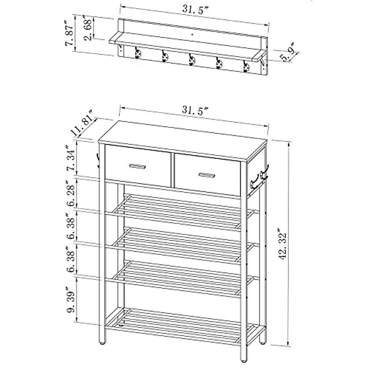 DKLGG Metal Shoe Rack with Coat Rack, Industrial 4-Tier Shoe Storage Organizer with Drawers for 12 Pairs, Shoe Shelf with Hooks & Adjustable Feet, Free Standing Shoe Racks for Entryway, Hallway(Black)