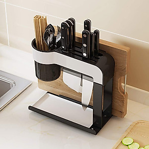 Multifunctional Knife Block Knife Holder Storage Rack with Drainboard, Cutting Board Drying Rack Cooking Utensil Holder Chopsticks Caddy for Kitchen Accessories Countertop Organization, Black