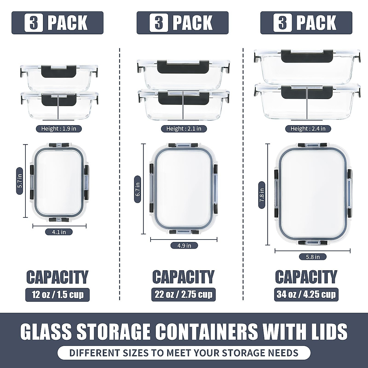 DONQQCC 9 Pack Glass Food Storage Containers with Lids, Glass Container for Lunch, Leftovers, Meal Prep, Airtight, Freezer Safe