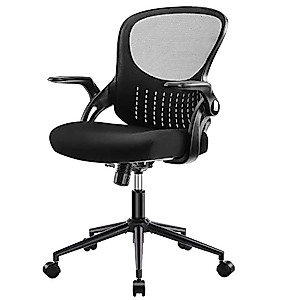SMUG Office Computer Gaming Desk Chair, Ergonomic Mid-Back Mesh Rolling Work Swivel Chairs with Flip-up Arms, Comfortable Lumbar Support, Comfy Arms for Home, Bedroom, Study, Student, Adults, Black