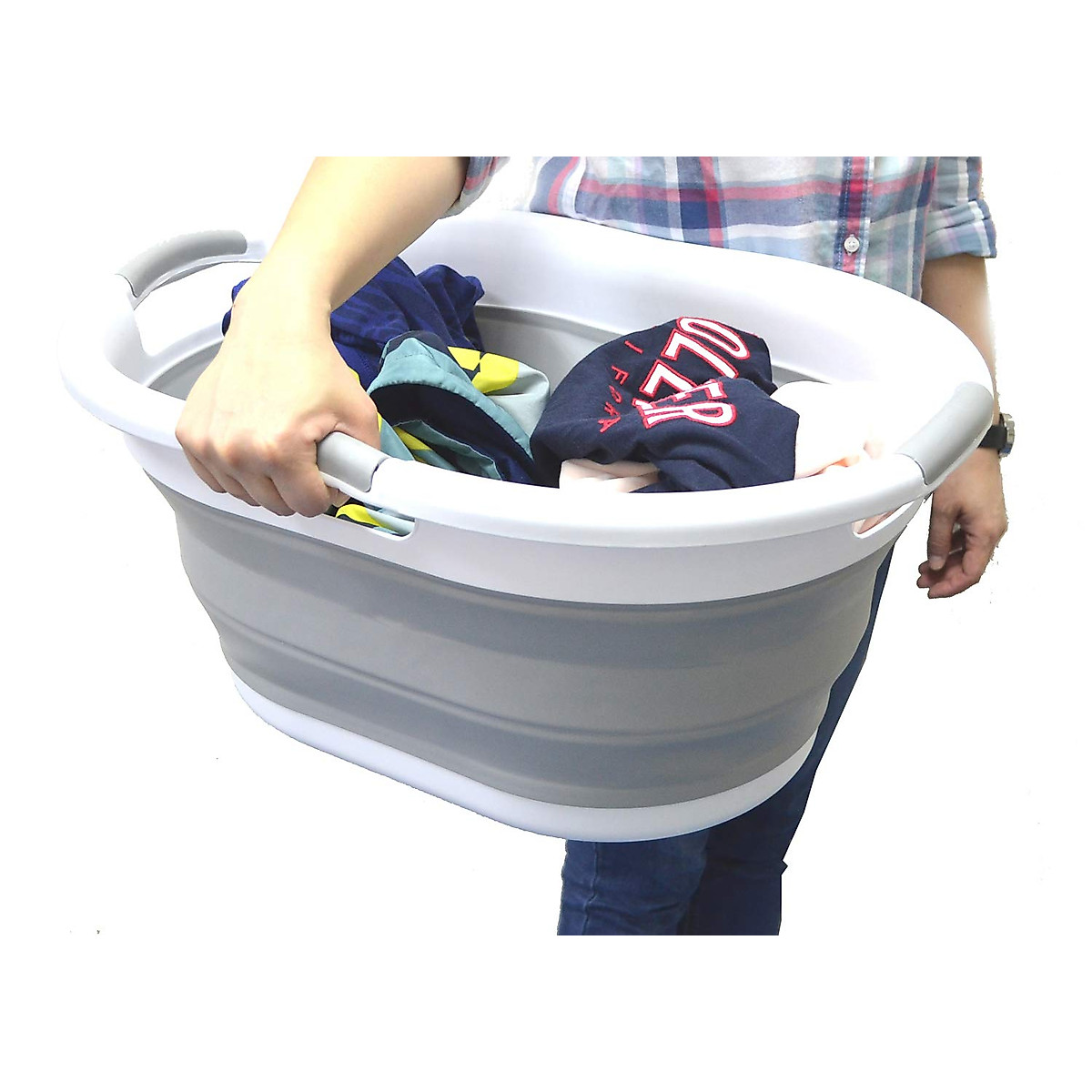 SAMMART 36L(9.5 gallon) Collapsible Plastic Laundry Basket-Oval Tub/Basket-Foldable Storage Container-Portable Washing Tub-Space Saving Laundry Hamper,Water capacity 27L(7.1 gallon) (Grey, 1)