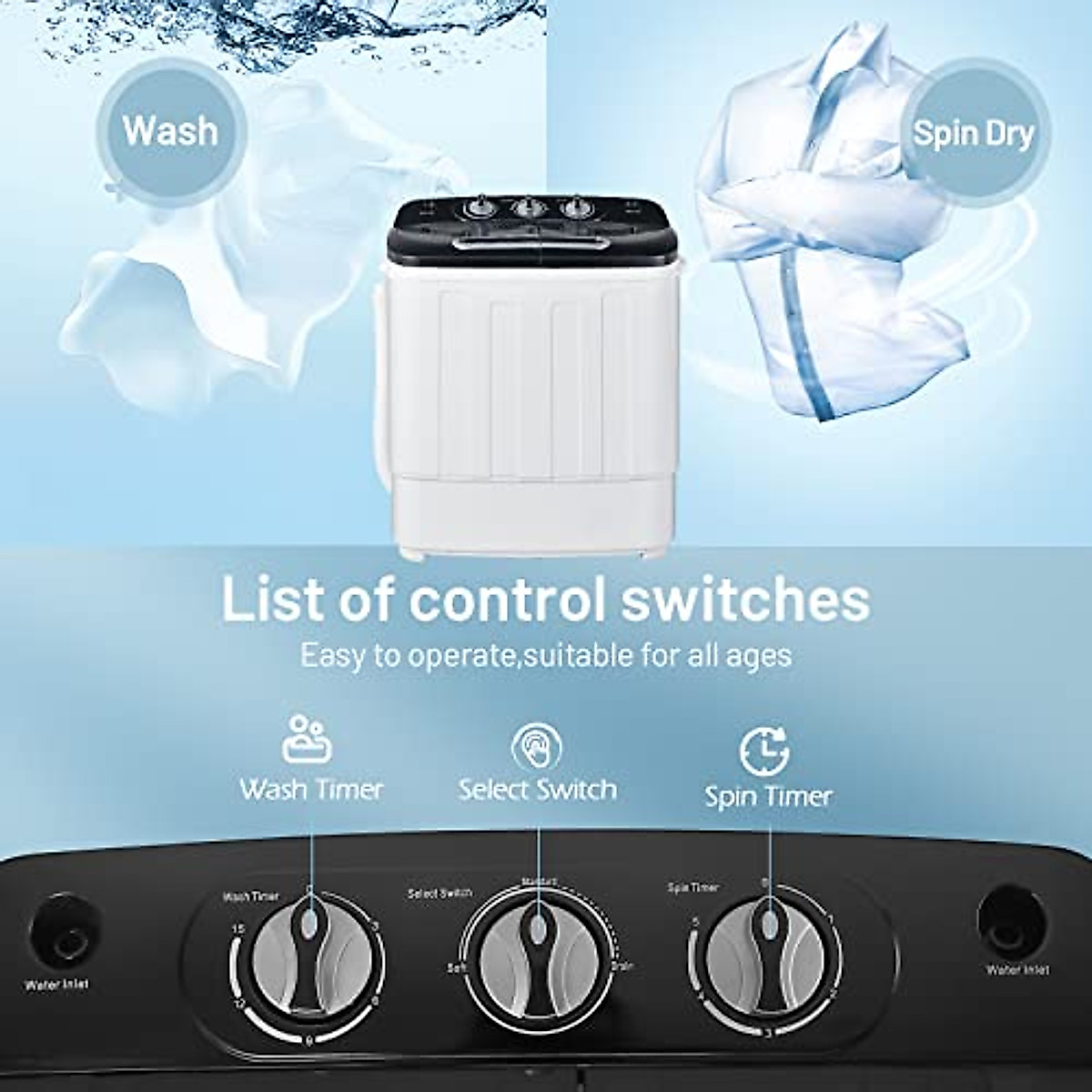Tiktun Portable Washer and Dryer Combo XPB36-1288SA Mini Washing Machine, Black